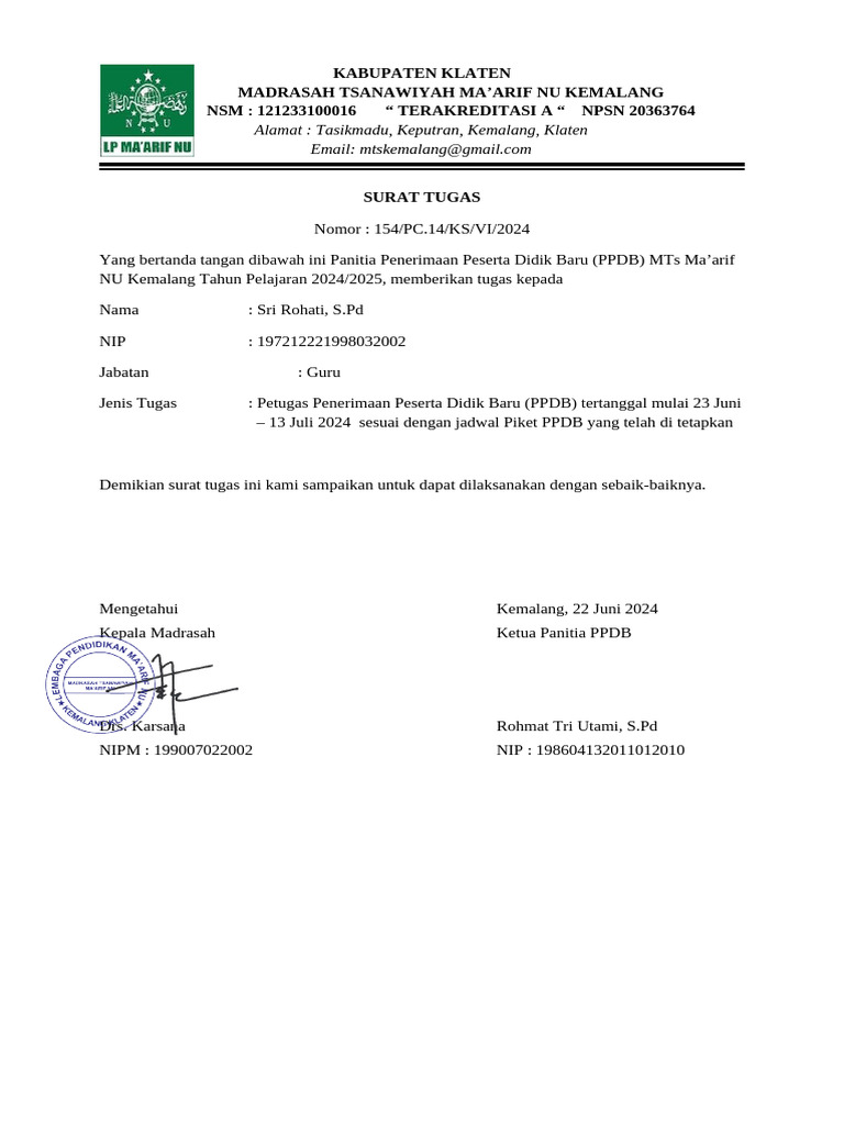 SURAT TUGAS PPDB | PDF