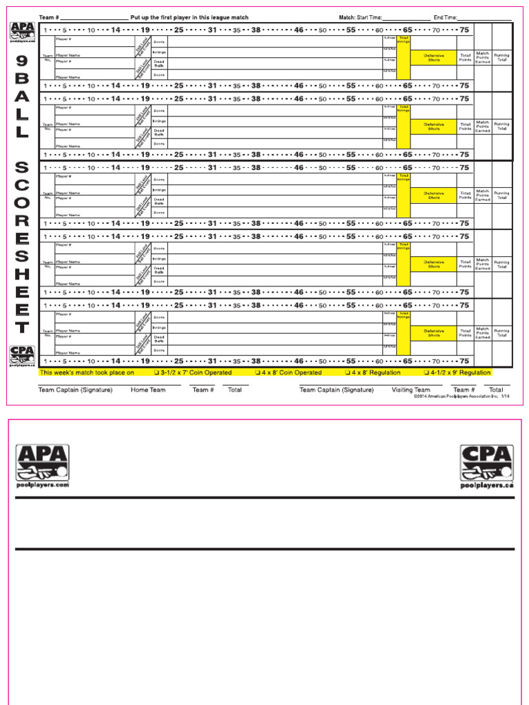 2014 9 Ball Scoresheet | PDF