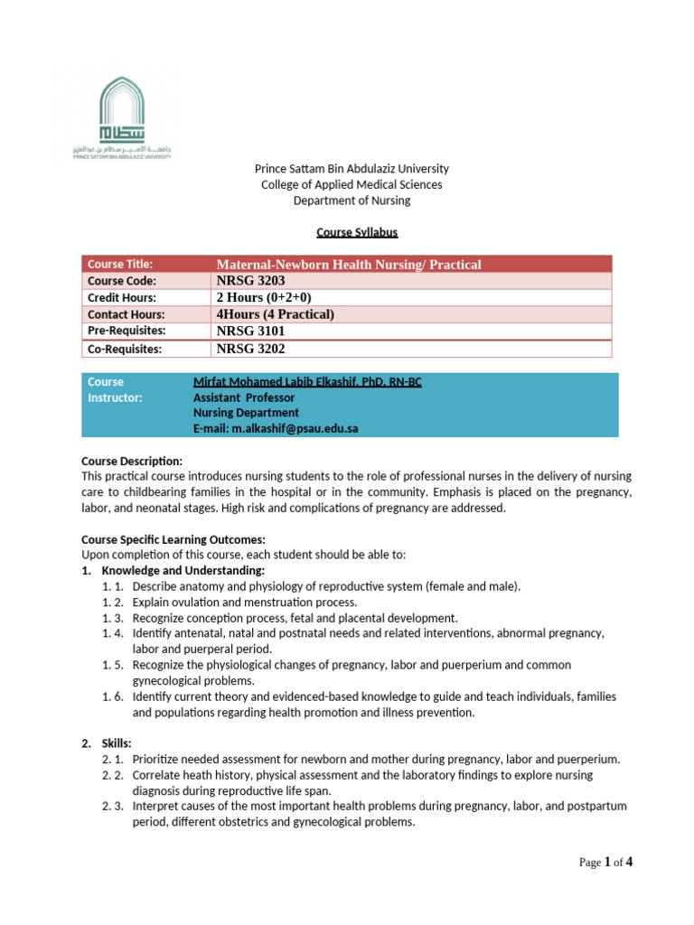 NRSG 3203 Course Syllabus 2nd Semester 1445 | PDF | Childbirth | Pregnancy