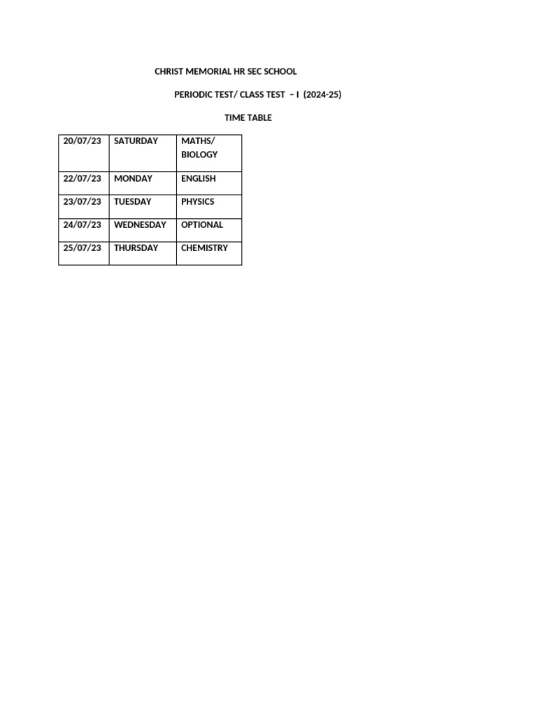 PT 1 Time Table For Class 12th A | PDF