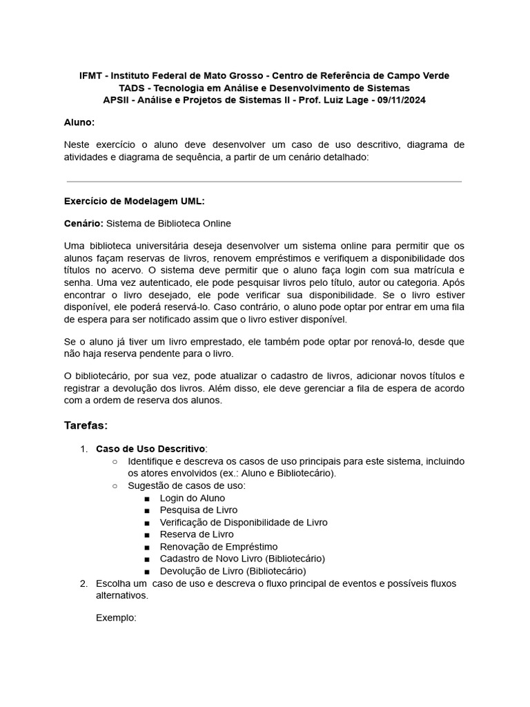 Exercício de Modelagem UML_ Diag. Sequencia | PDF | Diagrama de caso de ...