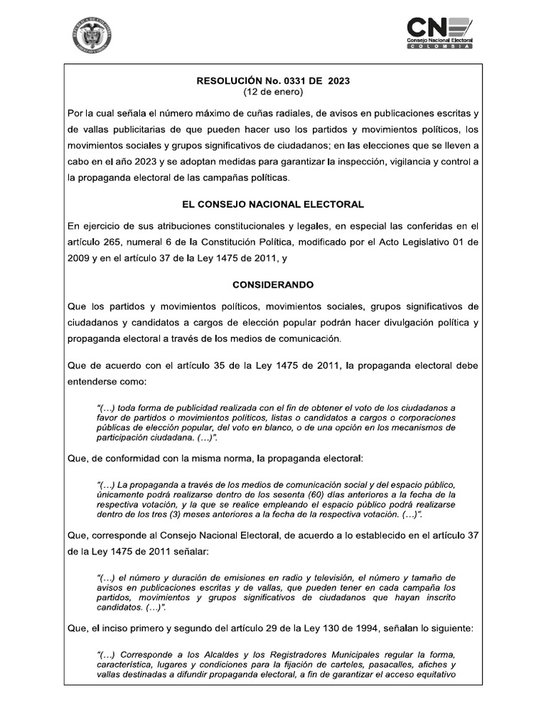 RESOLUCIÓN No. 0331 DE 2023 Publicidad | PDF
