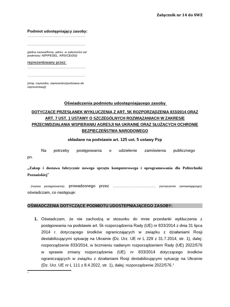 Za Cznik NR 10 Oswiadczenia-Podmiotu-Udostepniajacego-Zasoby | PDF