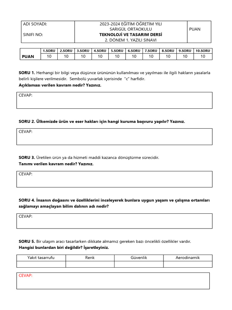 Sinif Teknoloji Ve Tasarim 2. Donem 1. Yazili | PDF