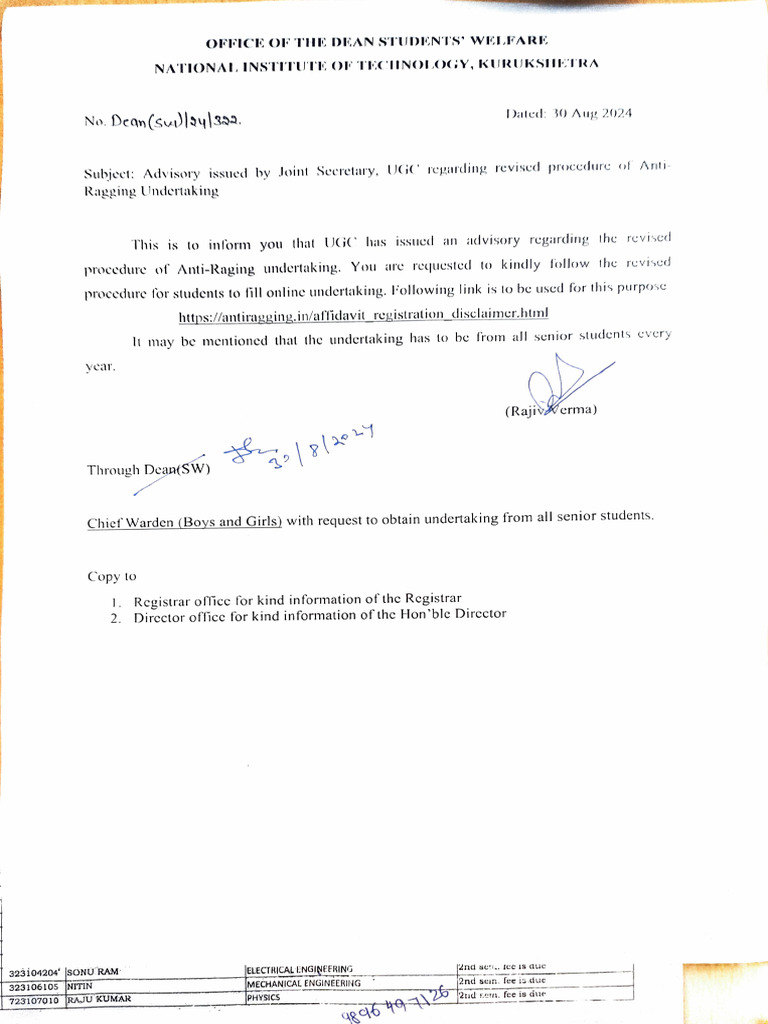 Letter No. 322 Advisory Issued by Joint Secretary, UGC Regarding ...
