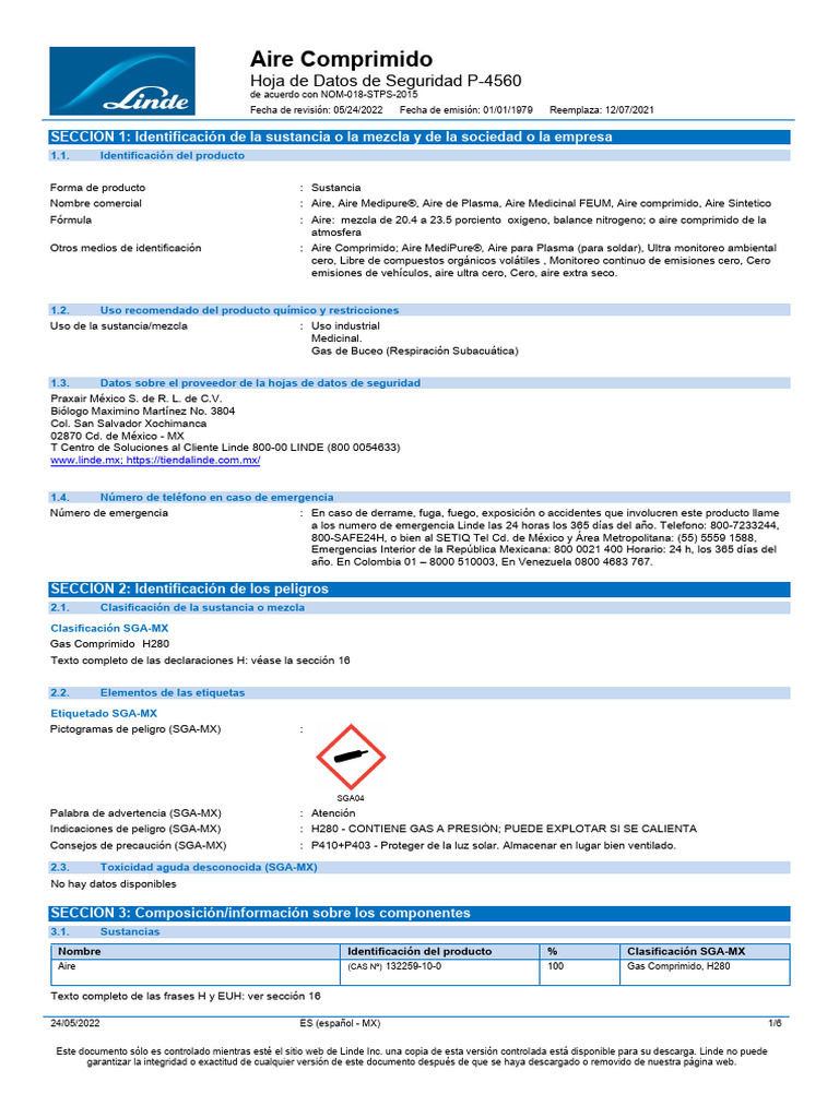 Hoja de Sgeuridad Aire Comprimido | PDF | Oxígeno | Ventilación (Arquitectura)