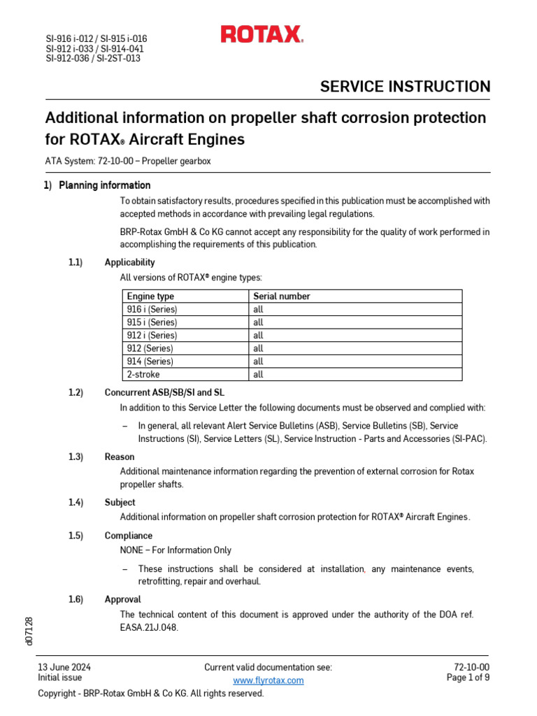 Service Instruction Additional Information On Propeller Shaft Corrosion Protection For ROTAX ...