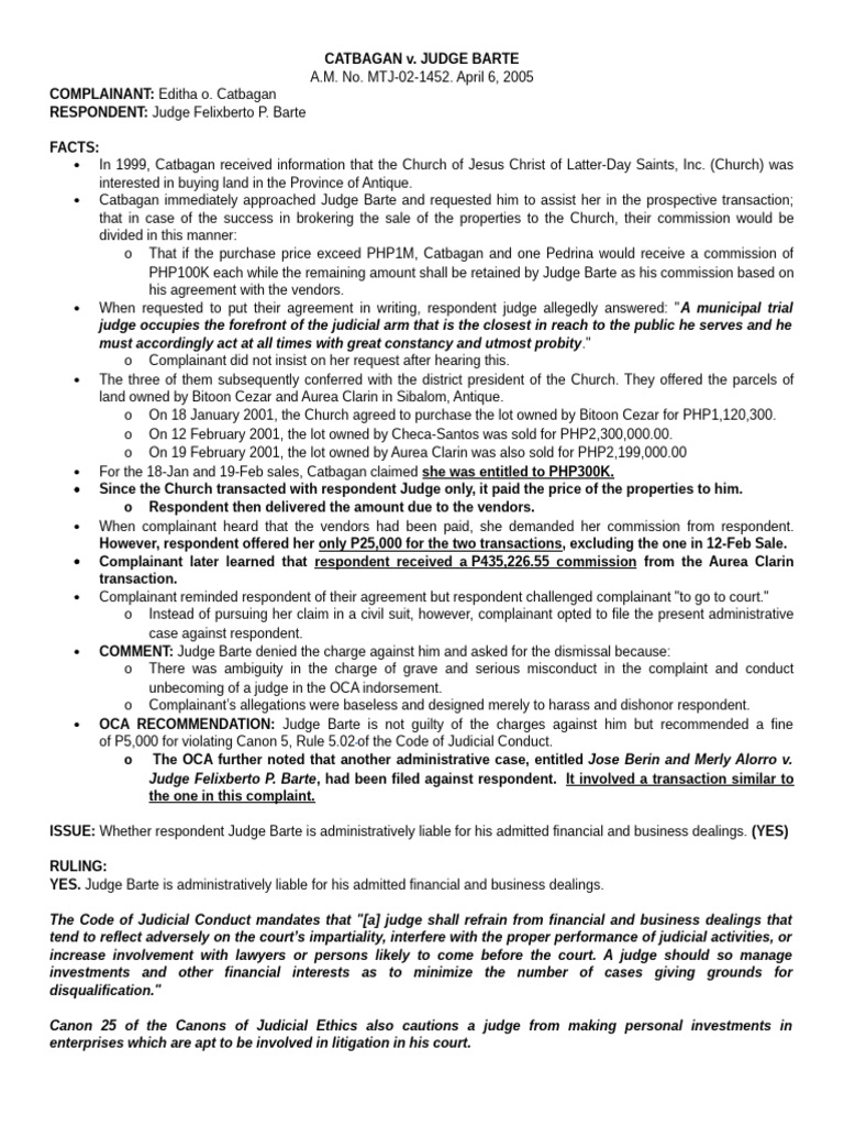 Judge in Private Financial Dealings - CATBAGAN v. BARTE | PDF ...