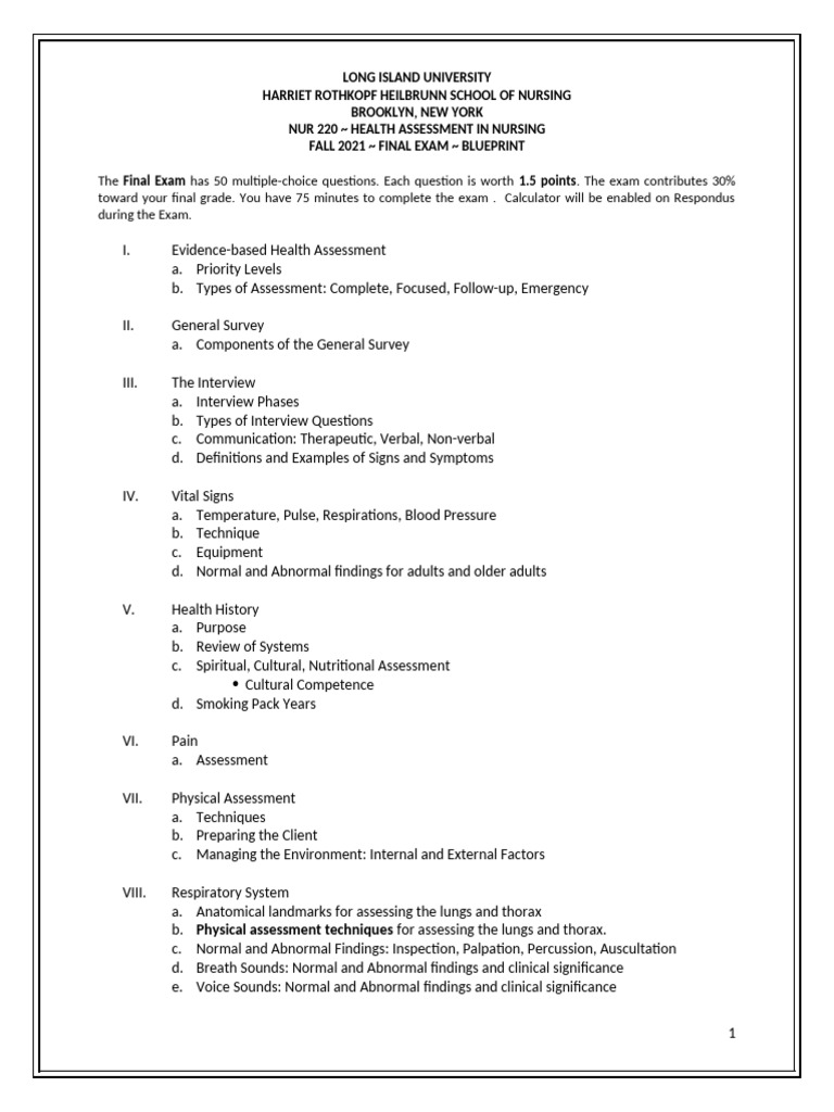 NUR 220 Health Assessment Exam Blueprint | PDF | Neurology | Heart