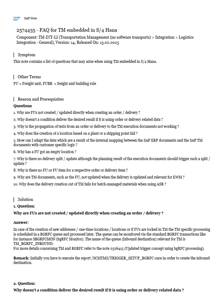 S4 Embedded TM Config FAQ SAP Note 2574435 | PDF | Logistics | Information Technology Management