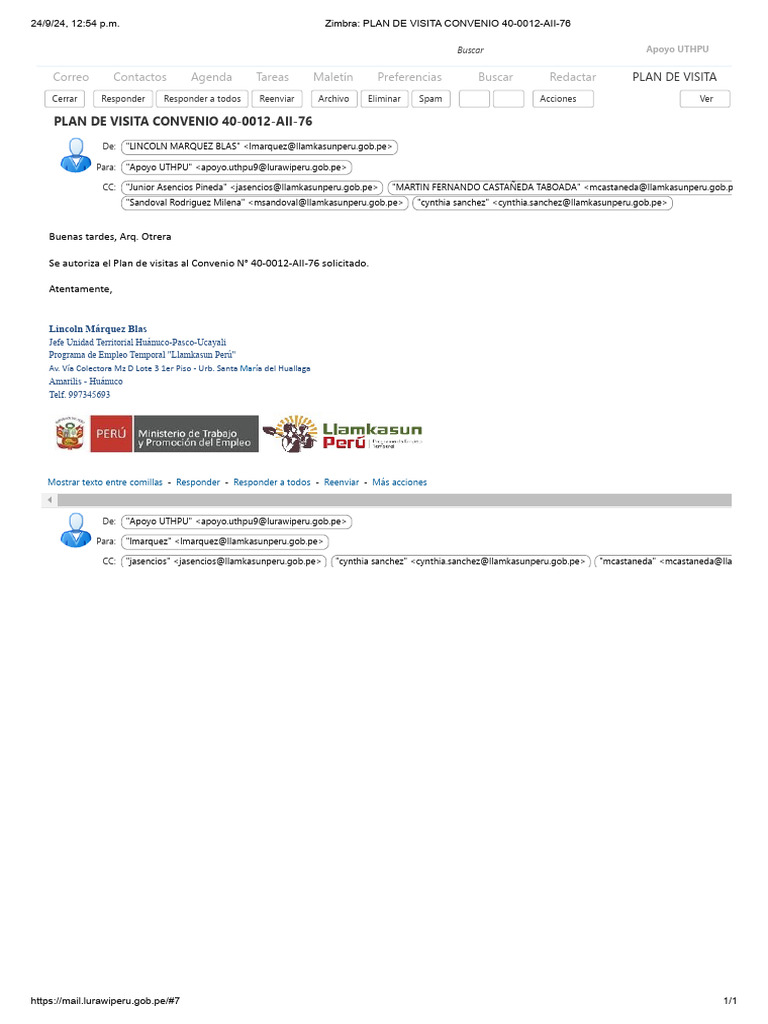 Zimbra - PLAN DE VISITA CONVENIO 40-0012-AII-76 D | PDF