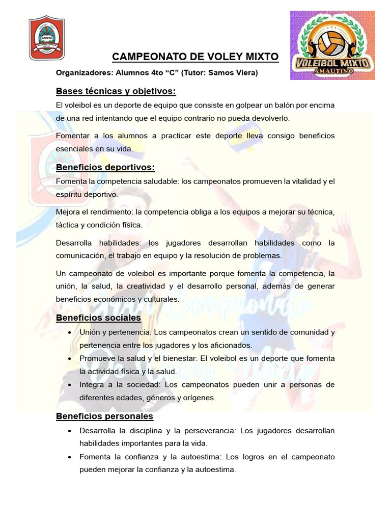 Campeonato de Voley Mixto Amautino1 | PDF | Vóleibol | Defensor ...