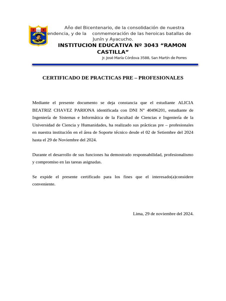 CERTIFICADO DE PRACTICAS PREPROFESIONALES 1 | PDF