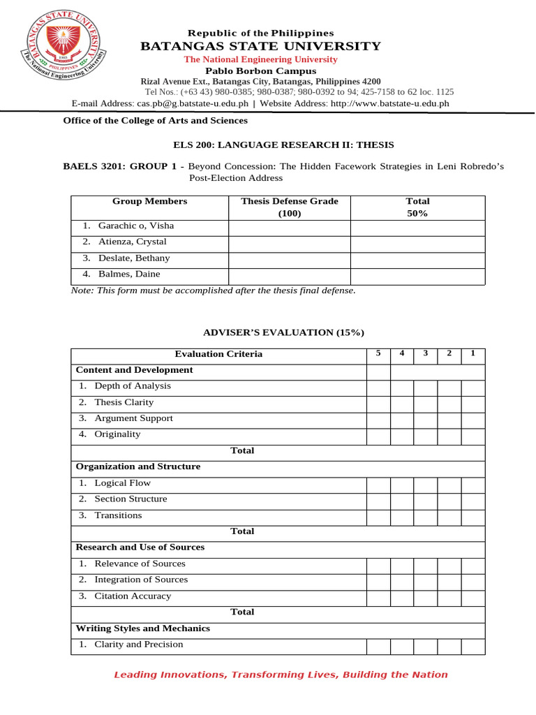Thesis-Performance-Rating-and-Peer-Evaluation-Form | PDF | Leadership | Thesis