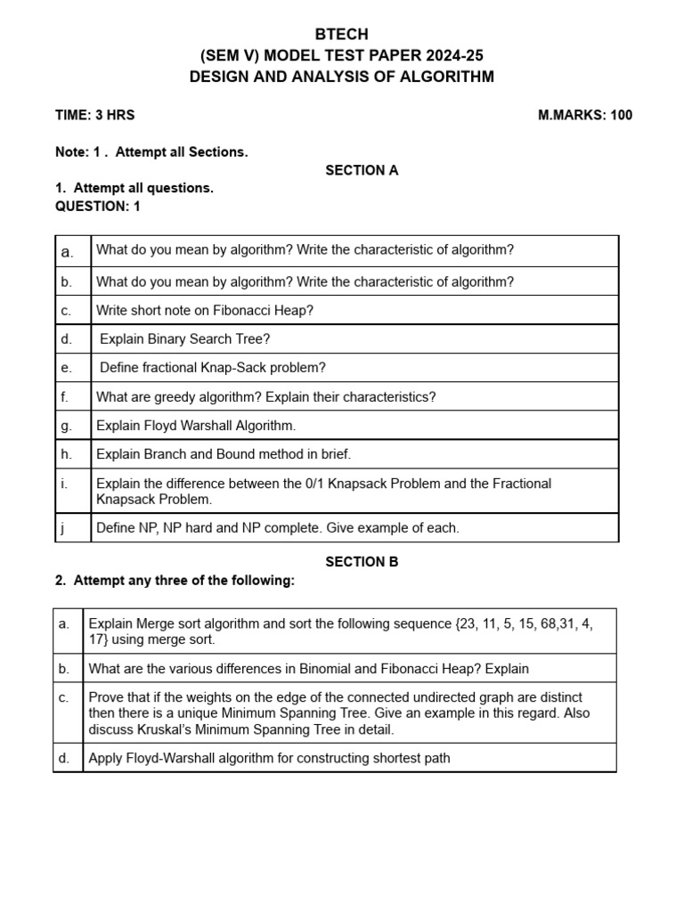 Model Test Paper DAA | PDF | Theoretical Computer Science | Algorithms ...