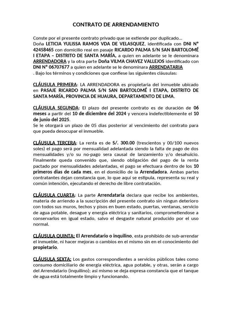 CONTRATO POR ARRENDAMIENTO LETICIA YULISSA | PDF