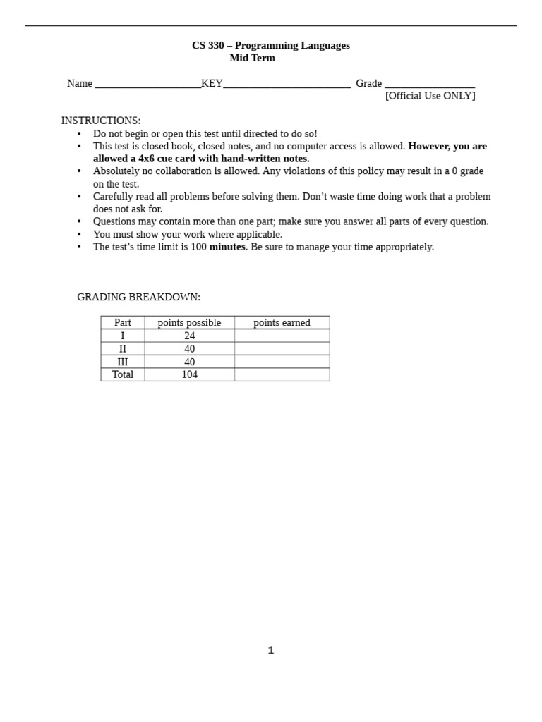 MidtermS20Key 1 .Doc | PDF | Parsing | Regular Expression