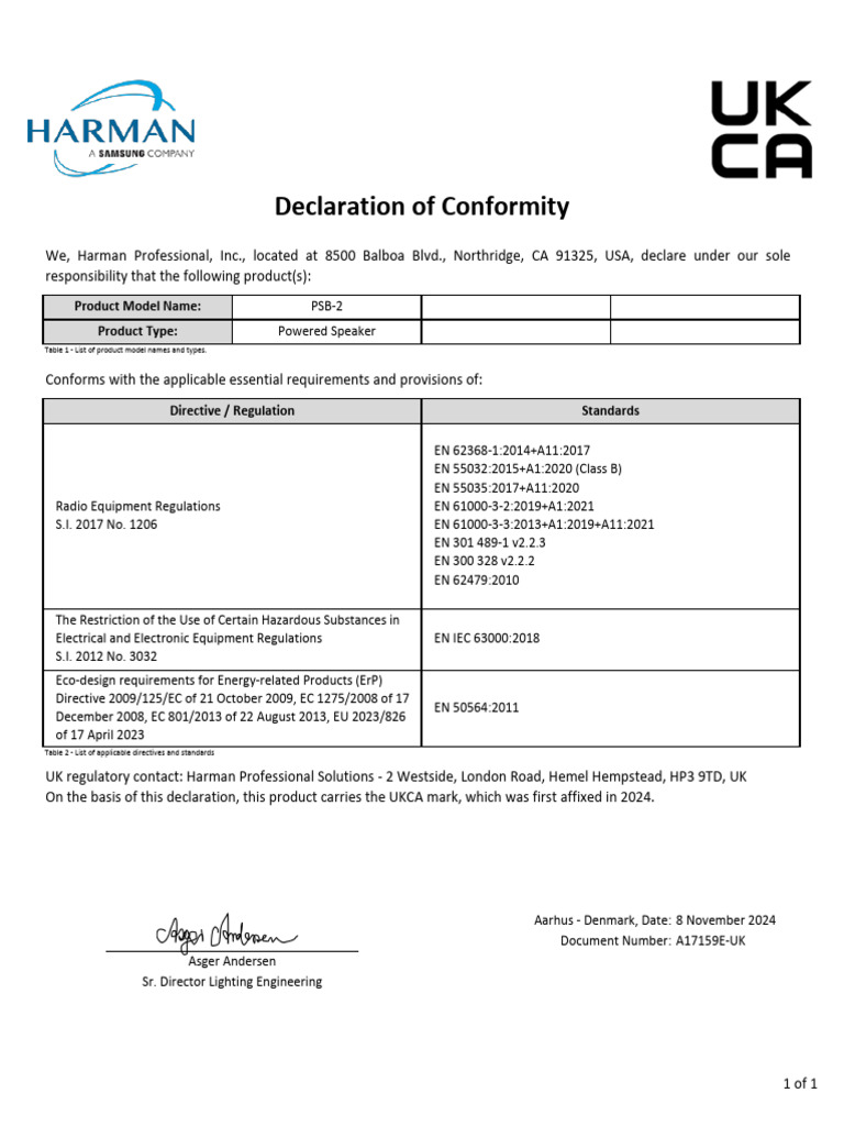 UKCA DoC JBL PSB-2 Signed | PDF