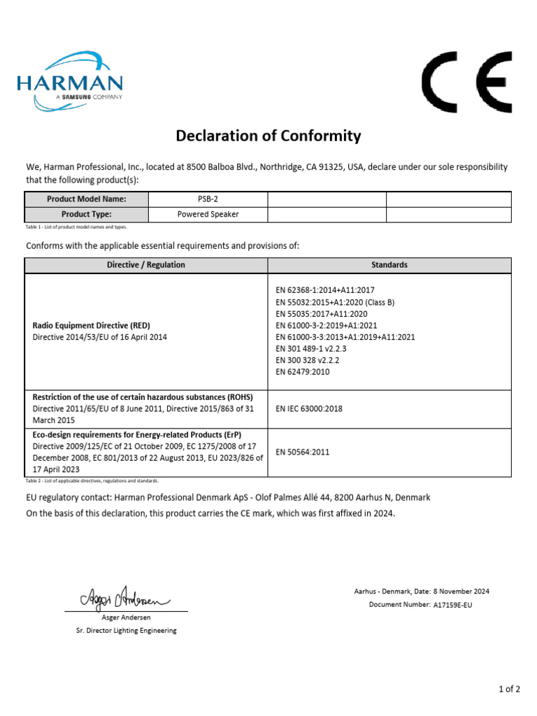 CE DoC JBL PSB-2 Signed | PDF