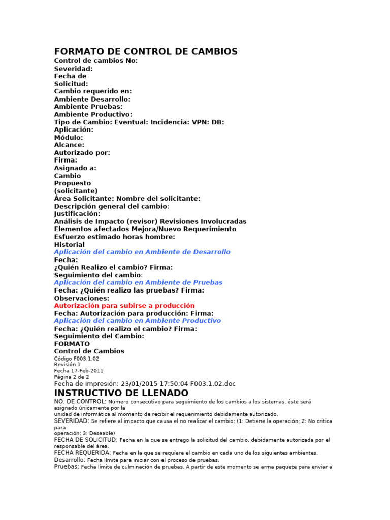 Formato de Control de Cambios | PDF