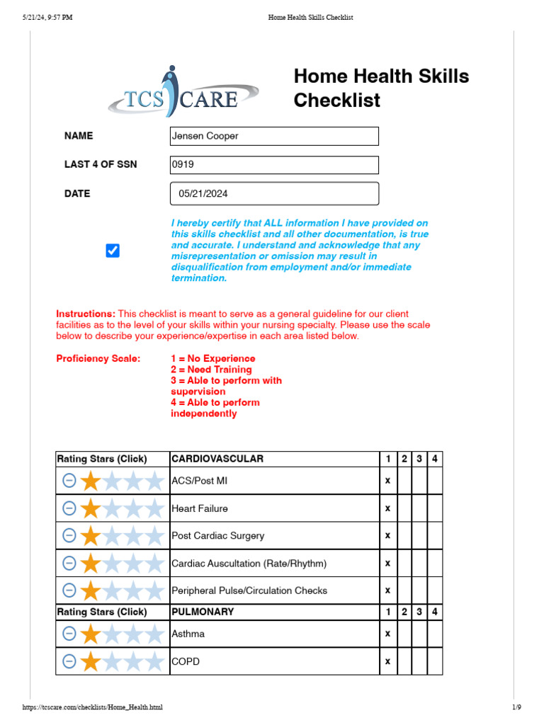 Home Health Skills Checklist | PDF | Intravenous Therapy | Pain Management