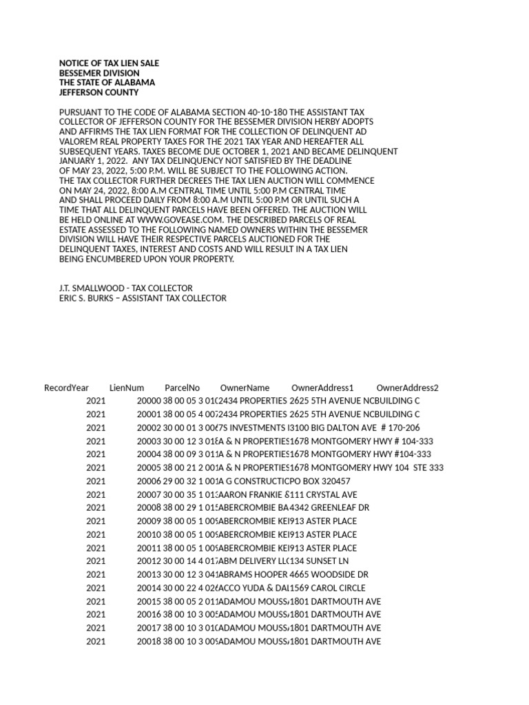 Bess Delq Parcels 2021 Tax Lien | PDF | Tax Lien | Civil Law (Common Law)