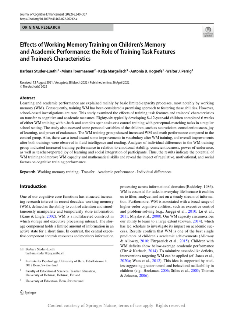 Effects of Working Memory Training On Childrens M | PDF | Working Memory | Memory