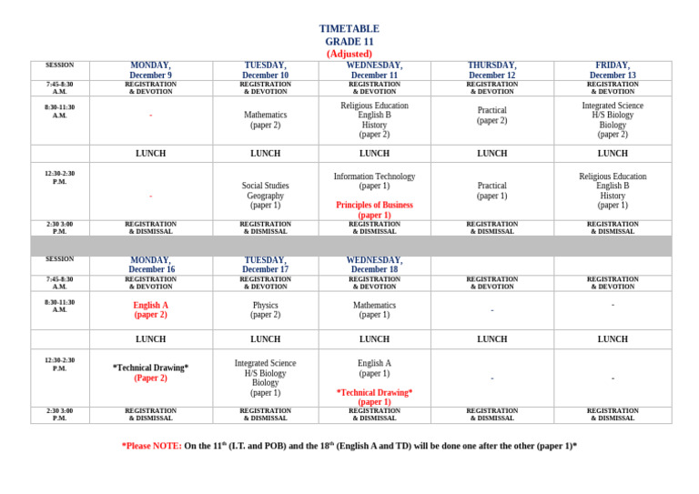 Adjusted Grade 11 TIMETABLE 2024 | PDF