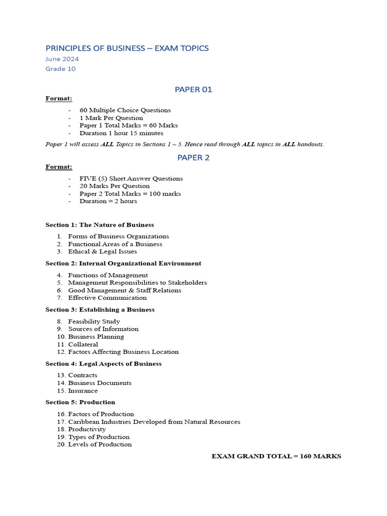 Grade 10 Pob Exam Topics - June 2024 | PDF