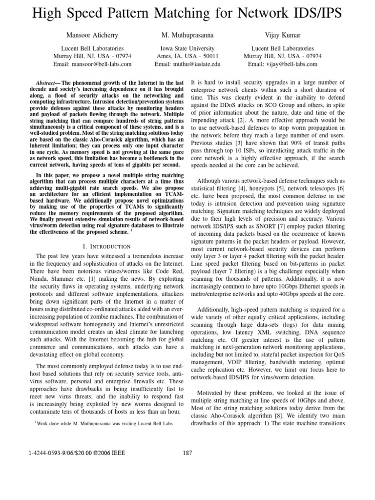 High Speed Pattern Matching For Network IDS IPS | PDF | Computer Network | String (Computer Science)