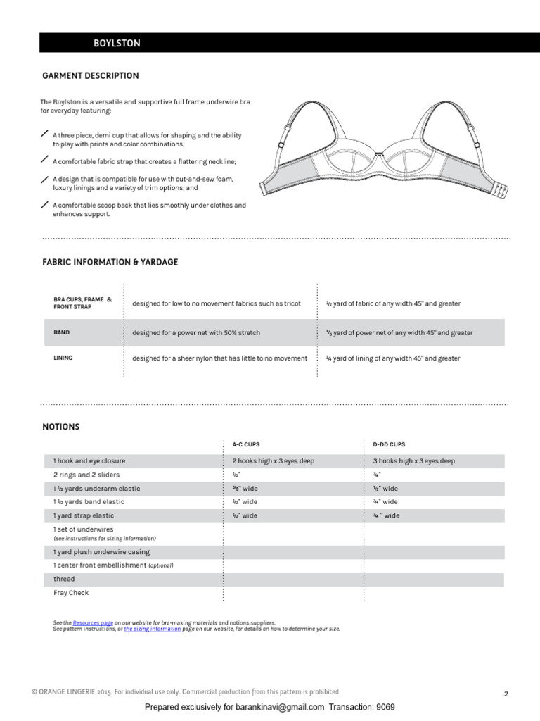 Boylston Underwire Bra Sewing Pattern | PDF | Seam (Sewing) | Bra
