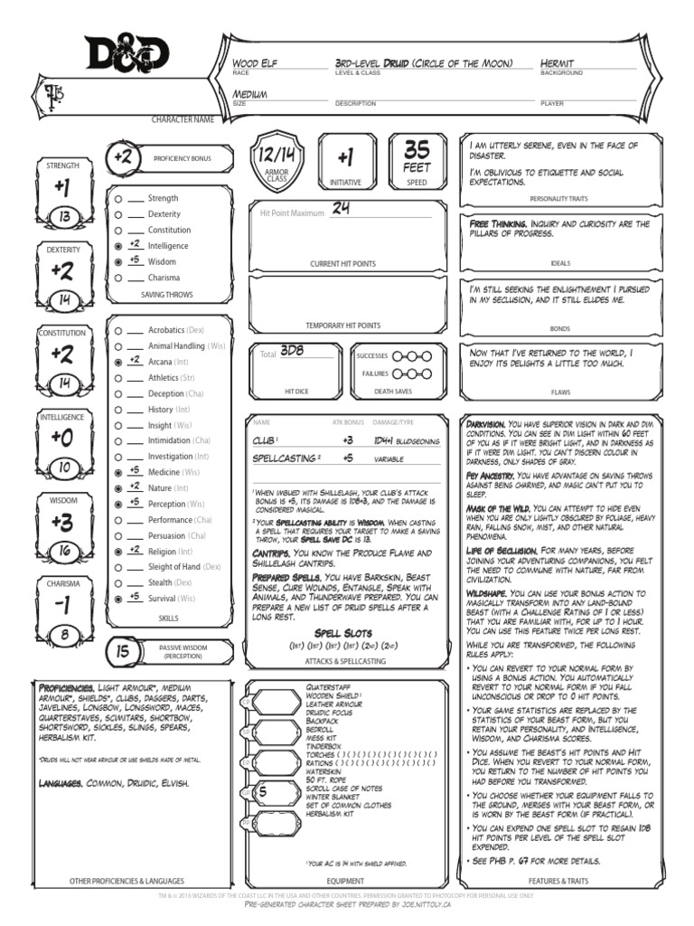 Moon Elf Druid Character Sheet | PDF | Senses