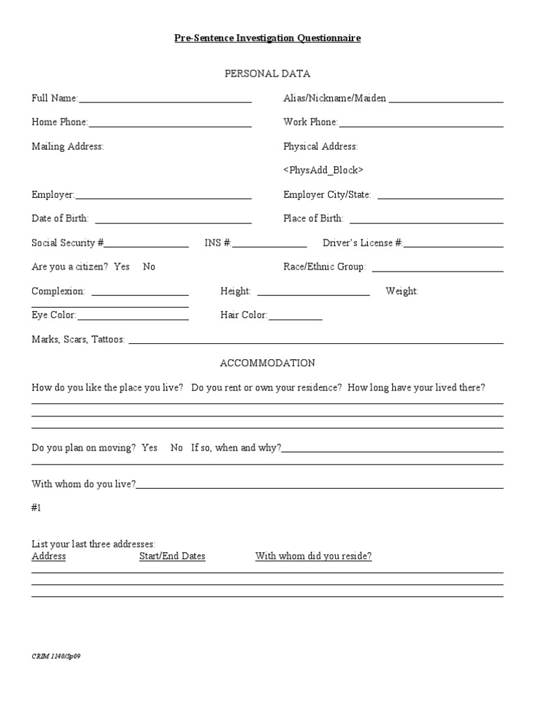 Pre-Sentence Investigation Questionnaire: CRIM 1140/Sp09 | PDF ...