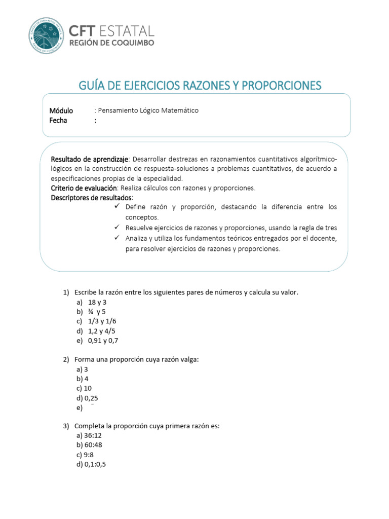 EJERCICIOS RAZONES- PROPORCIONES Y % | PDF | Porcentaje