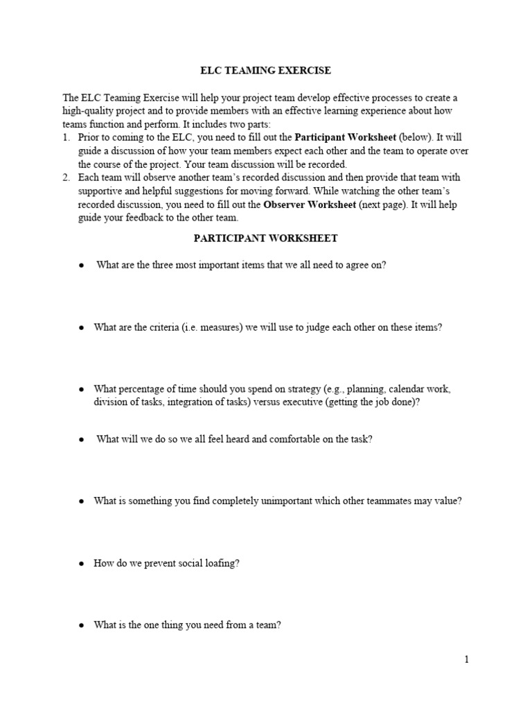 ELC Teaming Exercise Guide | PDF