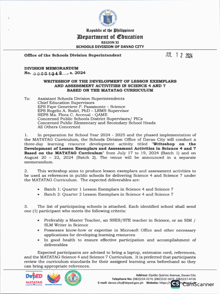 2024-DM No. 1049 - WRITESHOP ON THE DEVELOPMENT OF LESSON EXEMPLARS AND ...