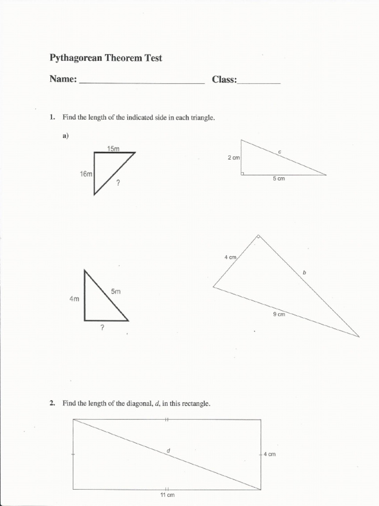Pythagorean Theorem Practice Test | PDF