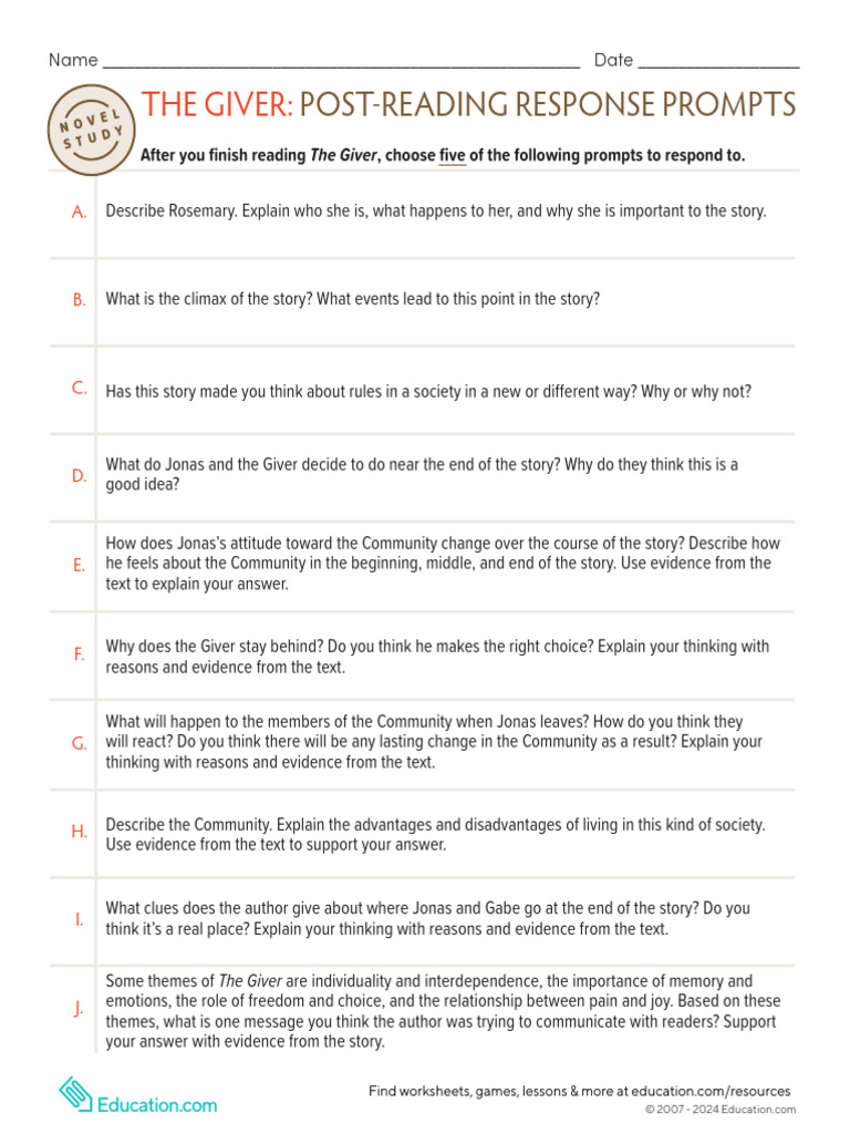 Novel Study The Giver Post Reading Response Prompts | PDF
