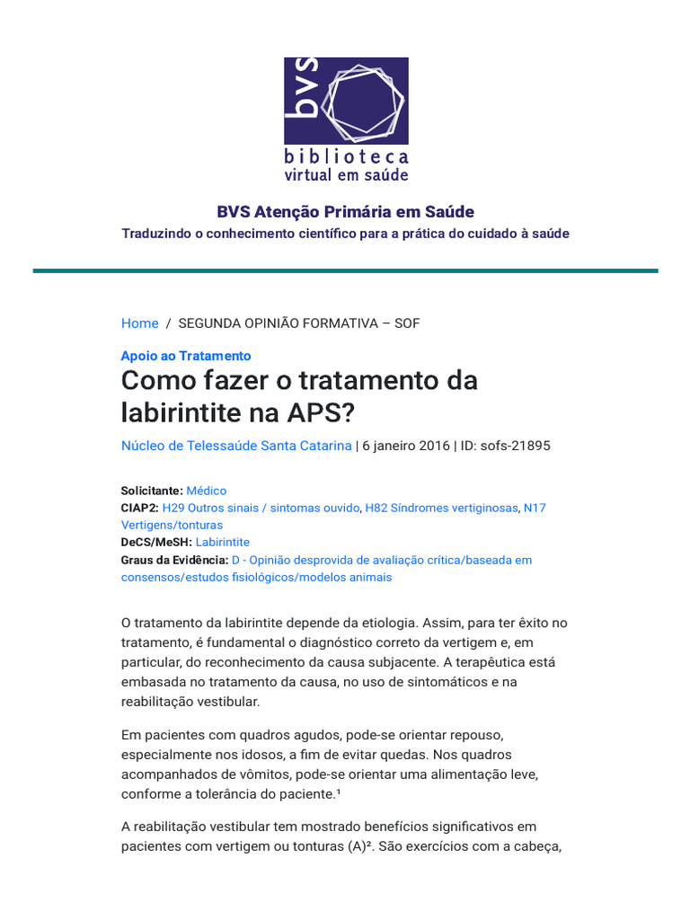 Tratamento da Labirintite na APS | PDF | Vertigem | Medicina Clínica