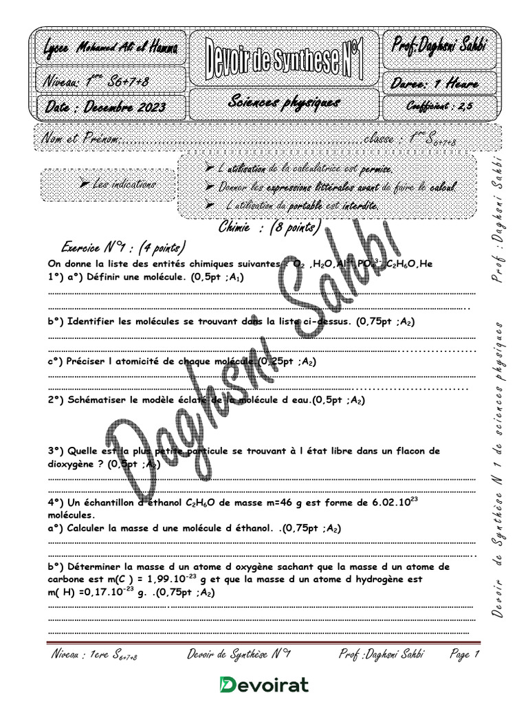 Devoir de Synthèse N°1 - Sciences Physiques - 1ère AS (2023-2024) MR Daghsni Sahbi | PDF