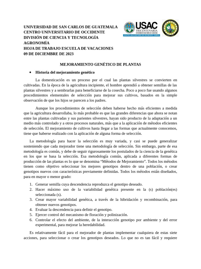 Documento 1. Historia Del Mejoramiento Genético de Las Plantas (CUNOC 2023) | PDF | Genética ...