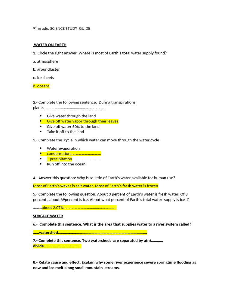 9th Grade Science Study Guide: Water | PDF