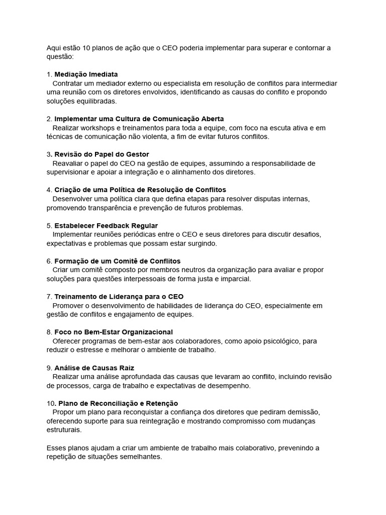 Planos de Ação para Resolver Conflitos Empresariais | PDF