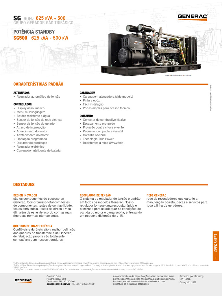 Especificações SG500 Generac | PDF | Motores | Engenharia Elétrica