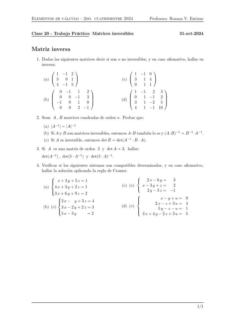 TP - Clase 20 - 31 - Oct | PDF | Matriz (Matemáticas) | Álgebra abstracta