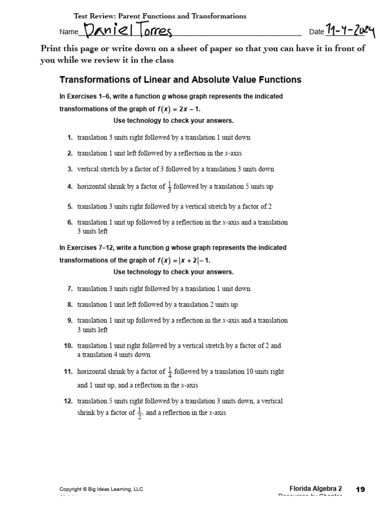 Test Review-Parent Functions and Transformations 2 | PDF