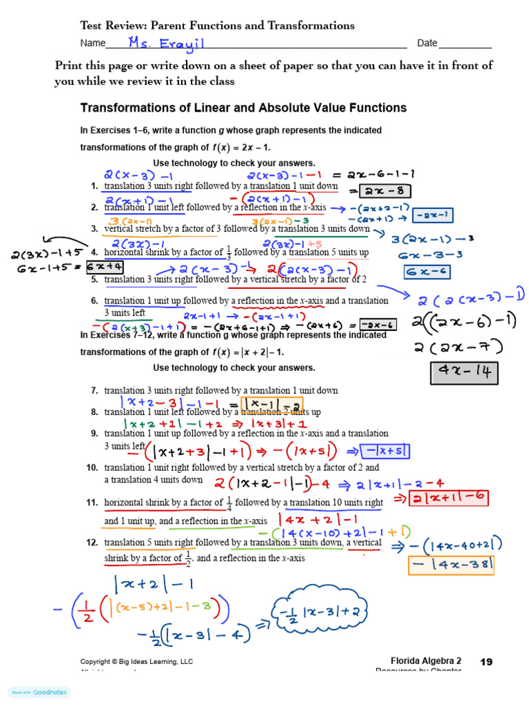 Answer Key TestReviewParentFunctionsandTransformations | PDF ...