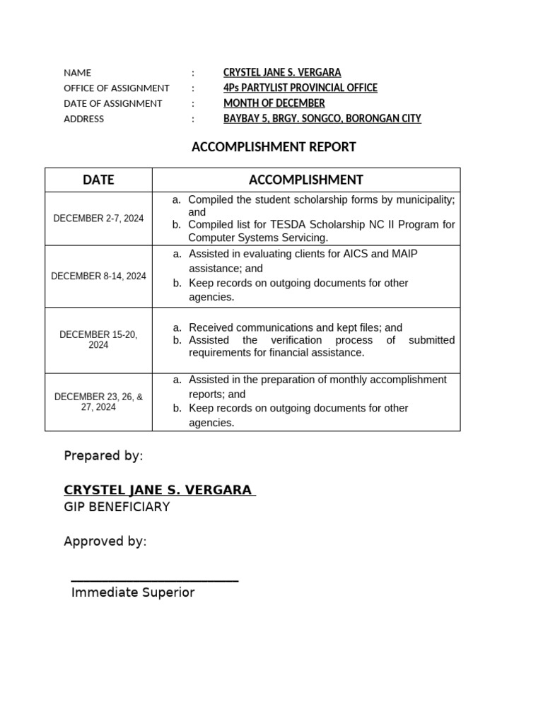 Accomplishment Report December | PDF
