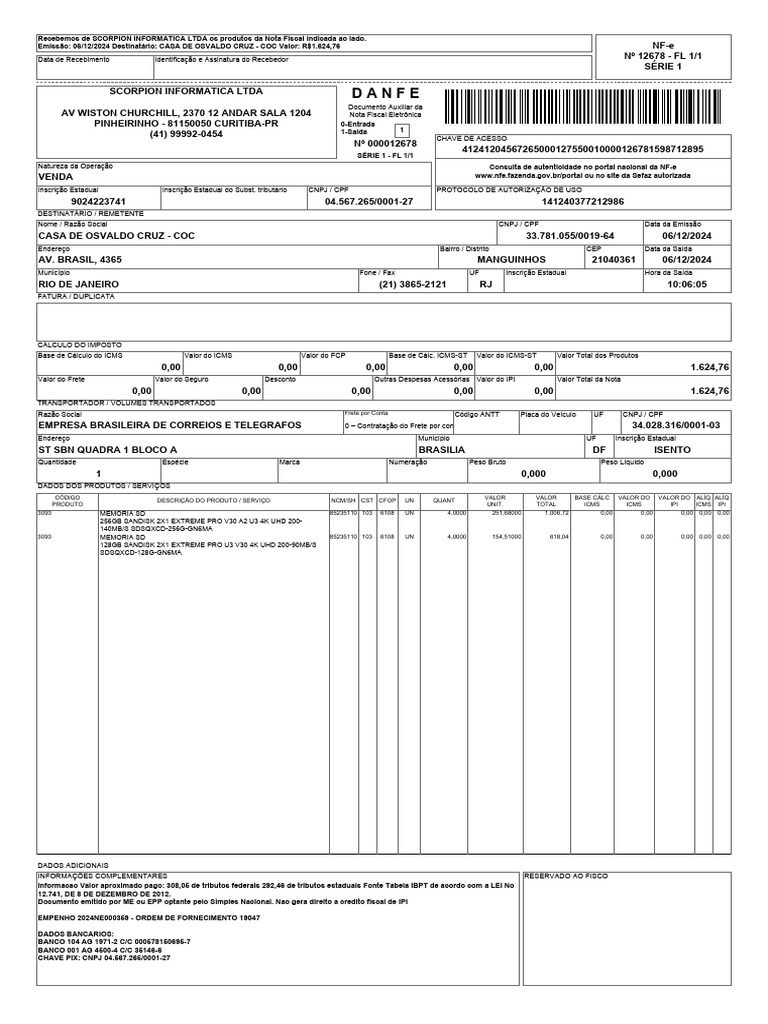 Faturei NúmeroNFe 12678 Danfe 1 | PDF | Recibo