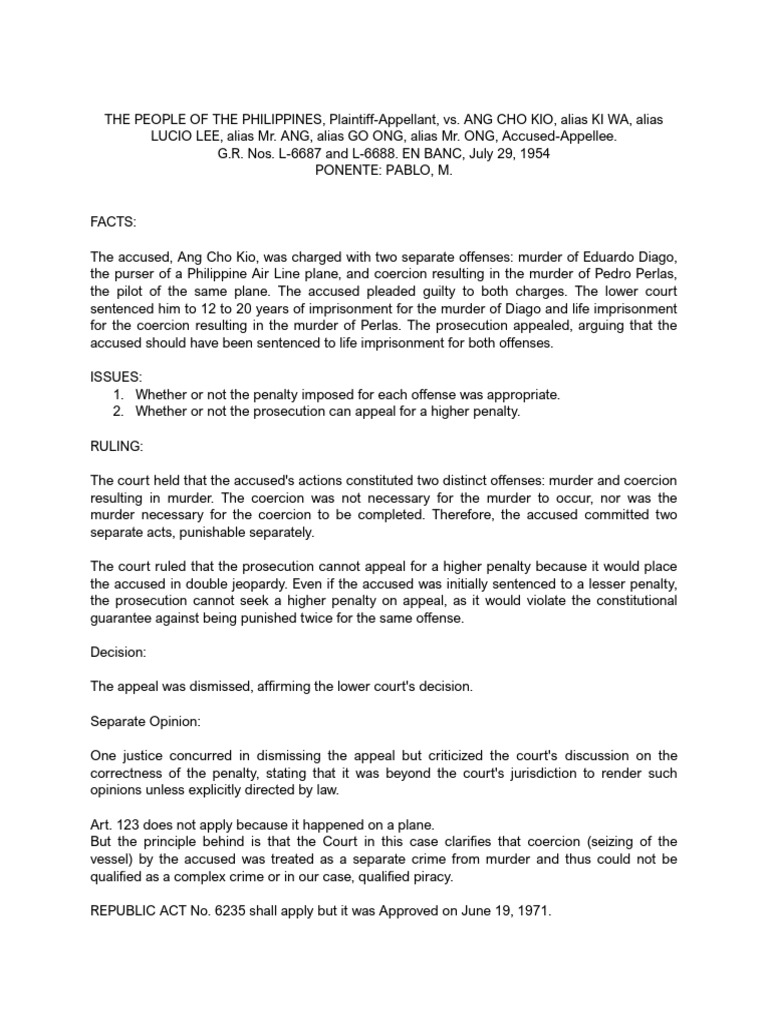 D5 People vs. Ang Cho Kio, 95 Phil 475 | PDF | Murder | Crimes
